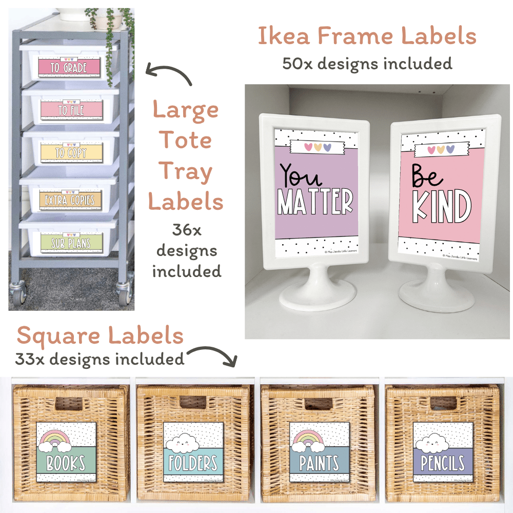Classroom Labels Student Names & Supplies - Spotty Pastel Theme - MJLL