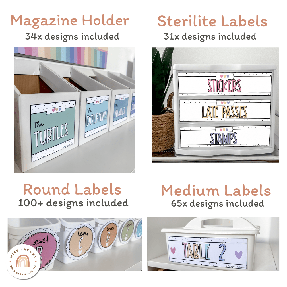 Classroom Labels Student Names & Supplies - Spotty Pastel Theme - MJLL