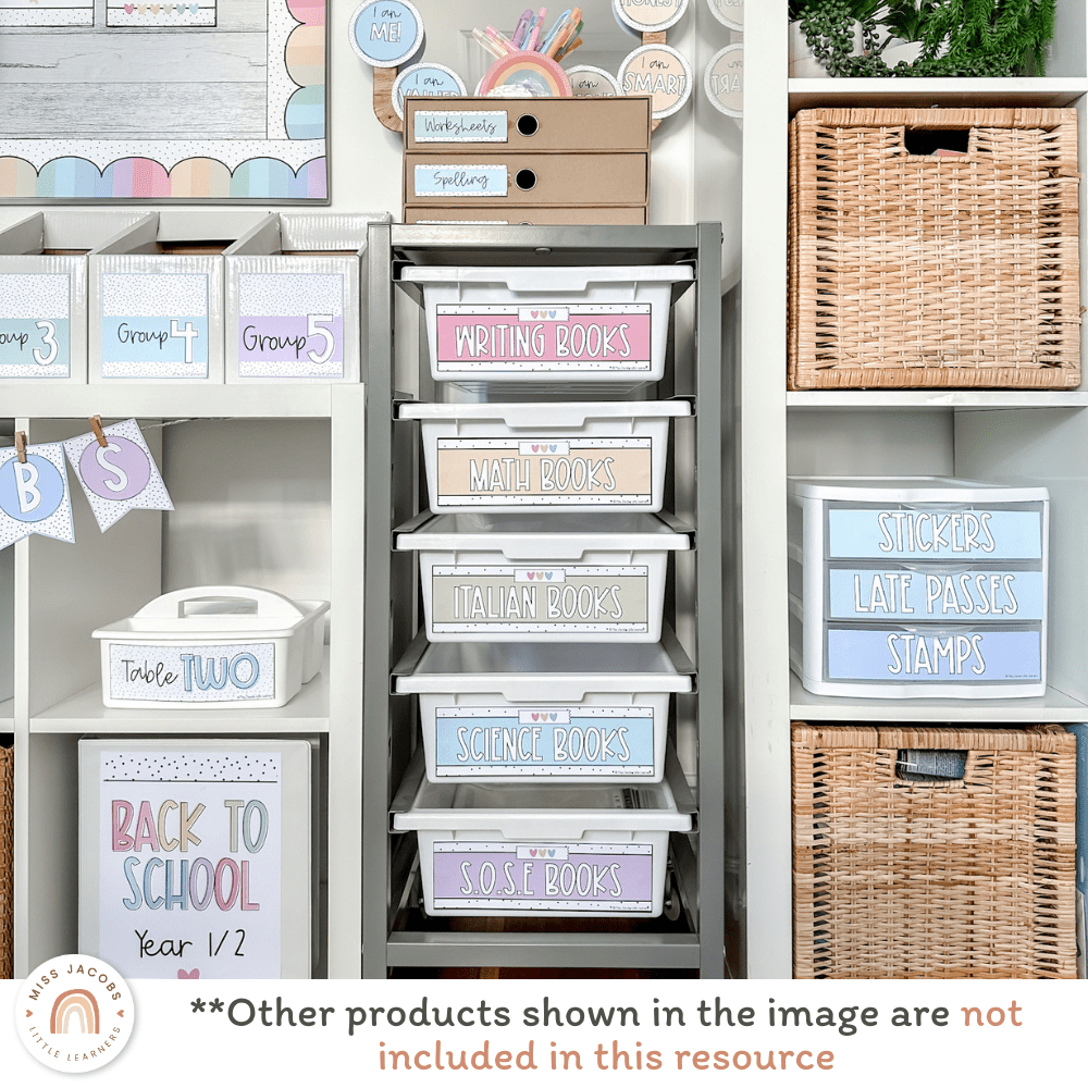 Classroom Labels Student Names & Supplies - Spotty Pastel Theme - MJLL