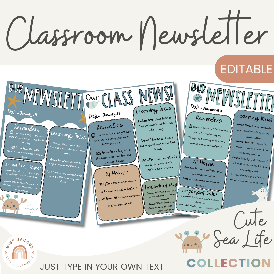 Classroom Newsletter Templates - Cute Sea Life Classroom Decor