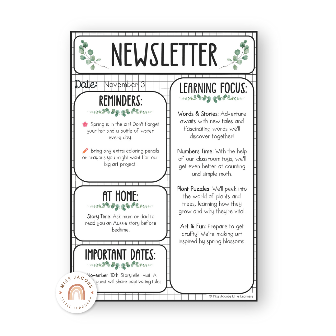 Classroom Newsletter Templates - Modern Botanical Theme - MJLL