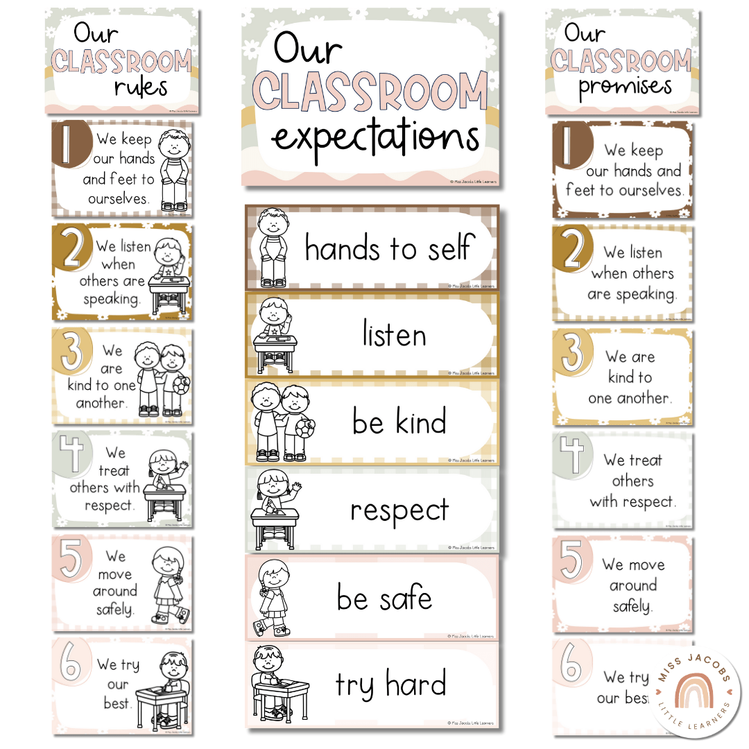 Classroom Rules and Expectations Posters - Daisy Gingham Neutrals