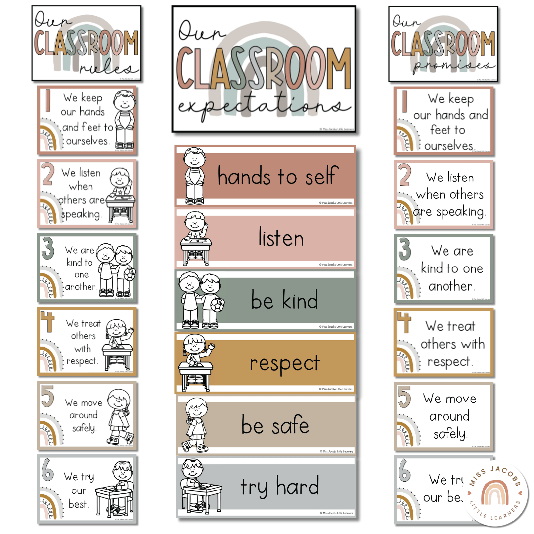 Classroom Rules and Expectations Posters - Boho Rainbow Theme - MJLL