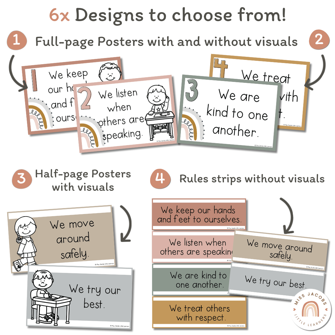 Classroom Rules and Expectations Posters - Boho Rainbow Theme - MJLL