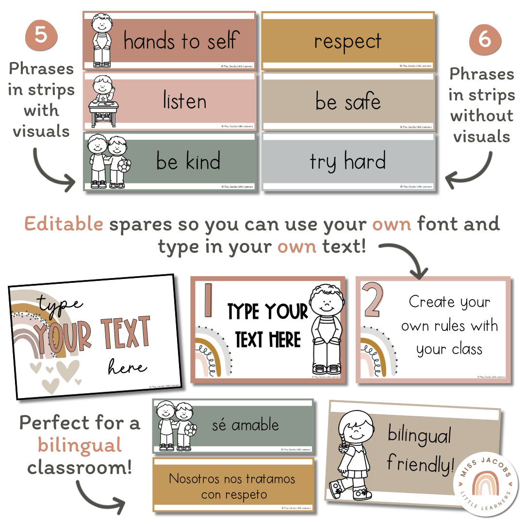 Classroom Rules and Expectations Posters - Boho Rainbow Theme - MJLL