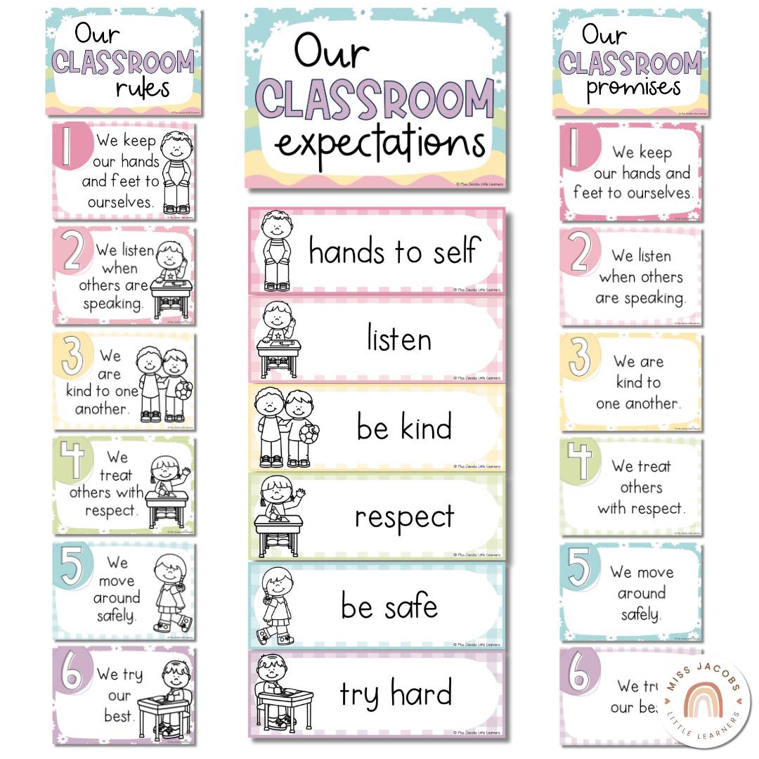 Classroom Rules and Expectations Posters - Daisy Gingham Pastels Decor