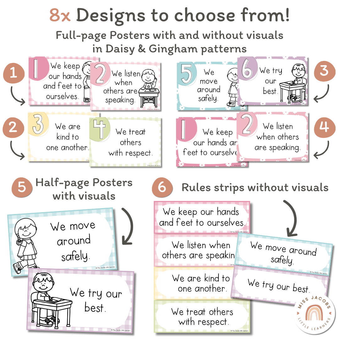 Classroom Rules and Expectations Posters - Daisy Gingham Pastels Decor
