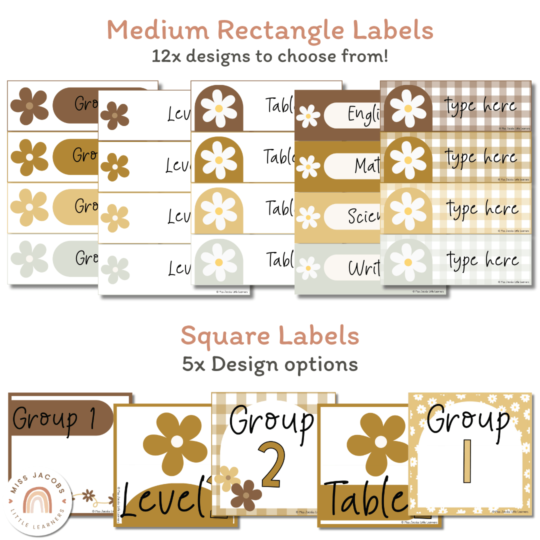 Classroom Labels Student Names & Supplies - Daisy Gingham Neutrals