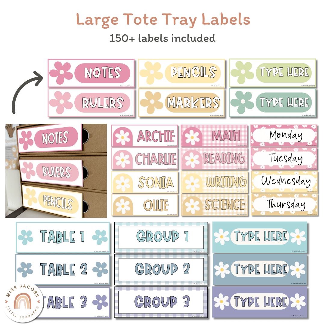 Classroom Labels Student Names & Supplies - Daisy Gingham Pastels