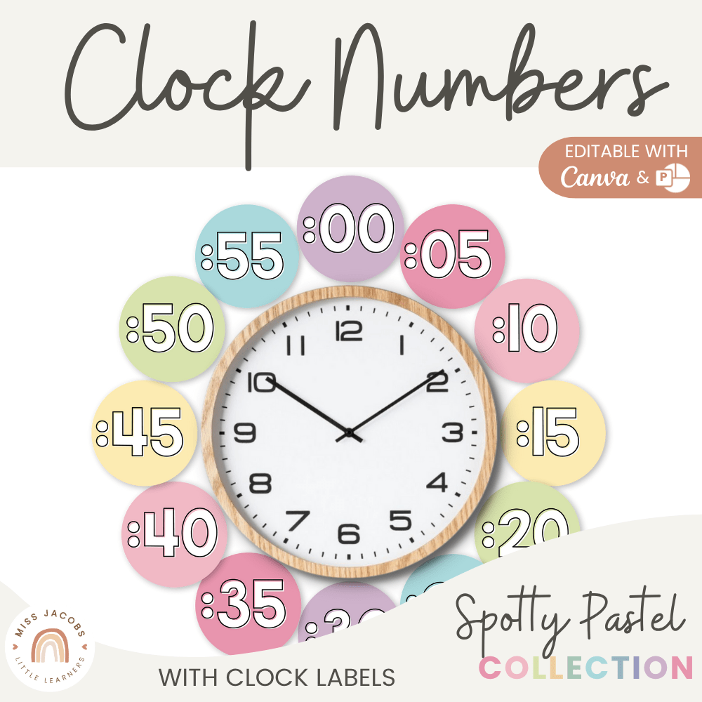 Clock Numbers - Spotty Pastel Classroom Theme - Miss Jacobs