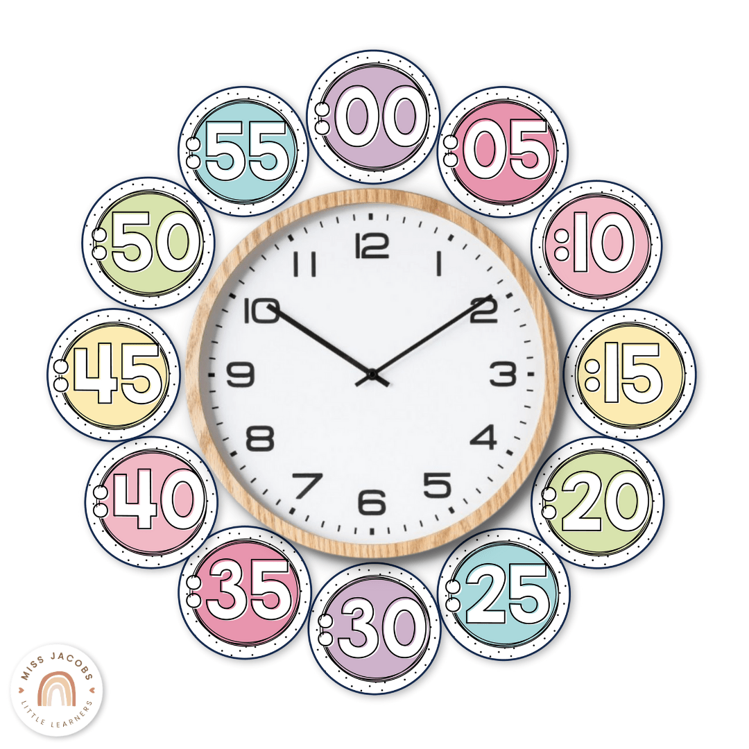 Clock Numbers - Spotty Pastel Classroom Theme - Miss Jacobs