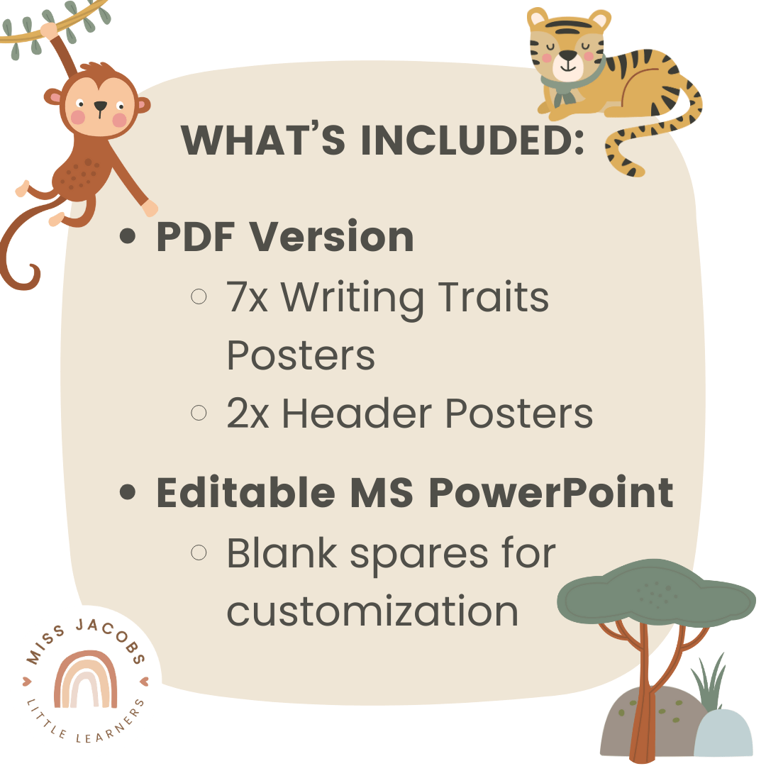 6+1 Writing Traits Posters | Cute Jungle Animals - Miss Jacobs Little ...