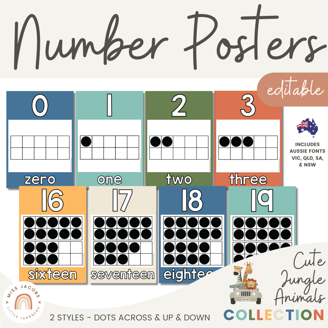 Math Number Posters with Ten Frames | Cute Jungle Animals