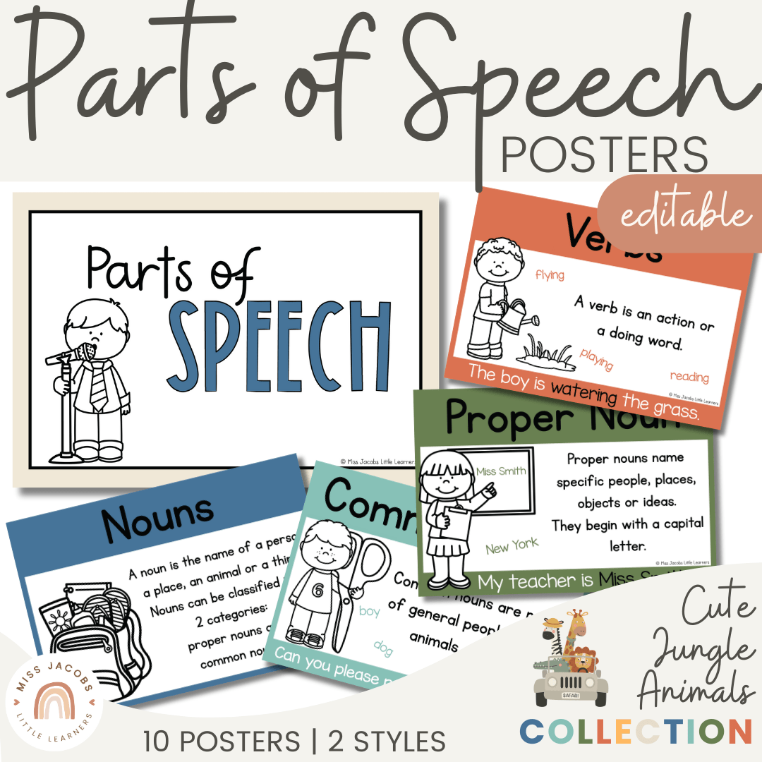 Parts of Speech Posters | Cute Jungle Animals