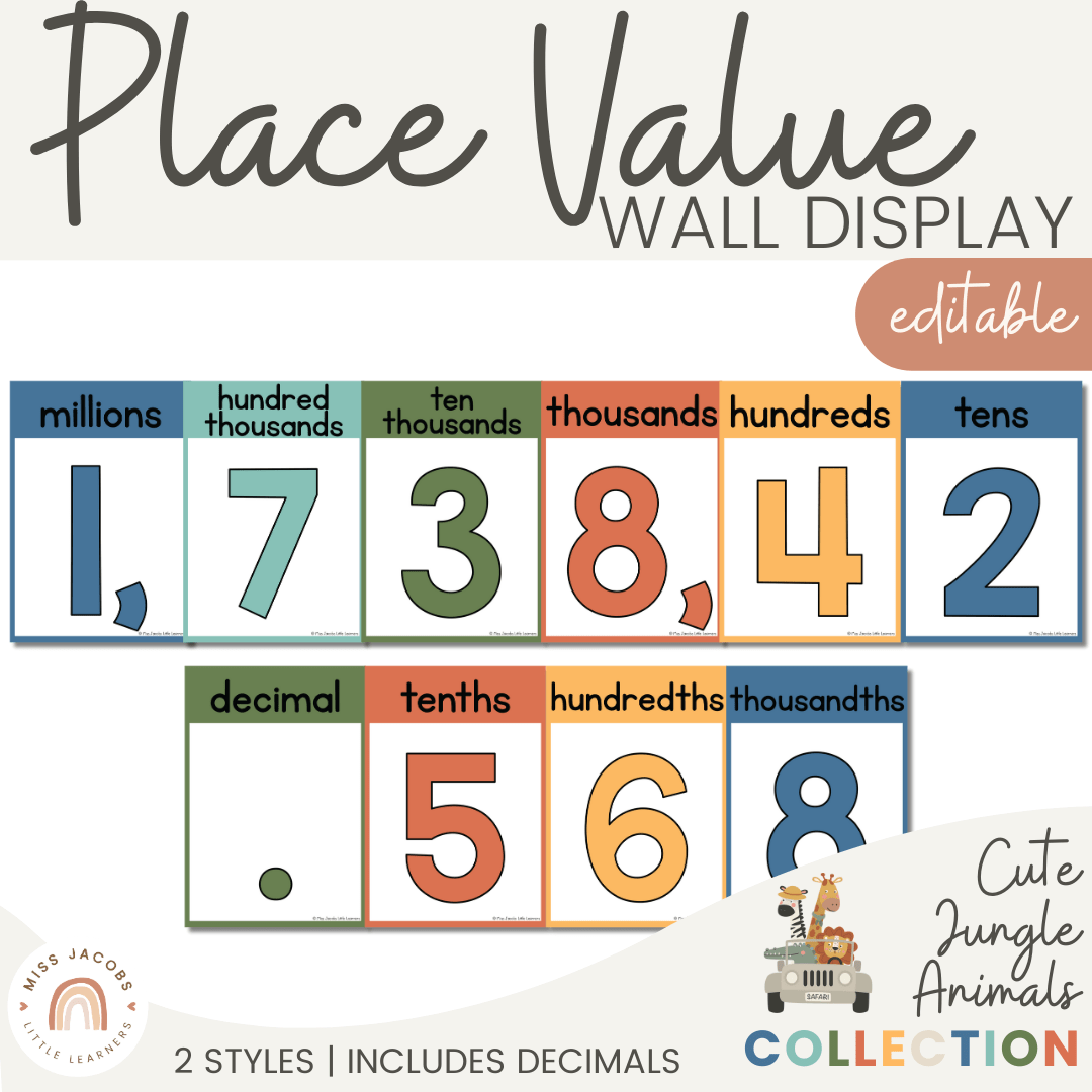 Place Value Posters Bulletin Board Display | Cute Jungle Animals - Miss ...