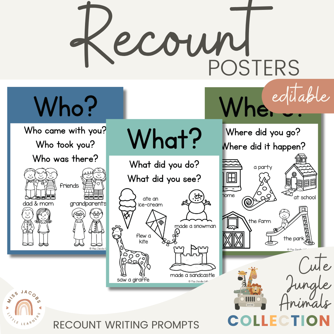 Recount Writing Posters and Prompts | Cute Jungle Animals