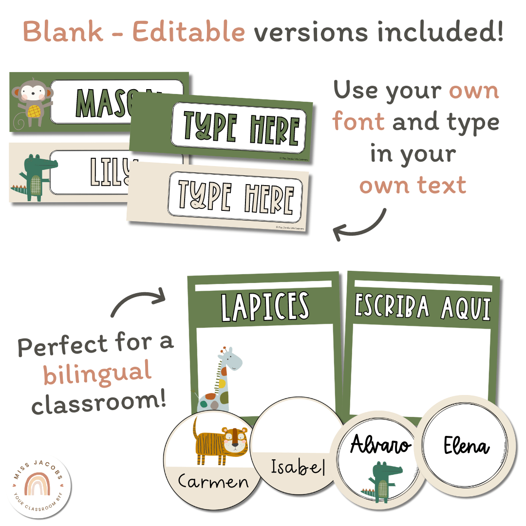 Classroom Supply Labels & Name Tags | Cute Jungle Animals