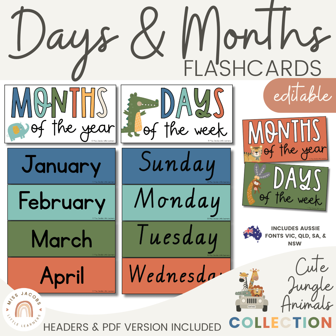 Days and Months Flashcards | Cute Jungle Animals