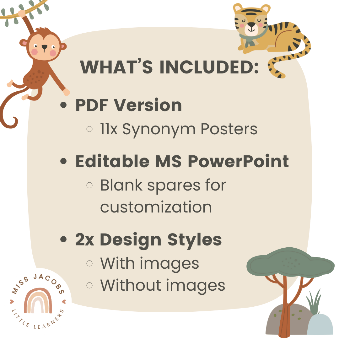 Synonym Posters | Cute Jungle Animals – Miss Jacobs Little Learners