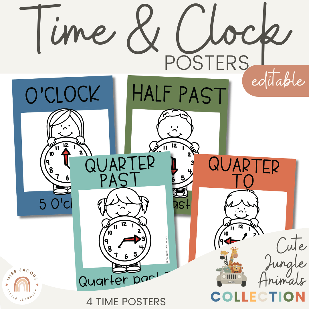 Time and Clock Posters | Cute Jungle Animals