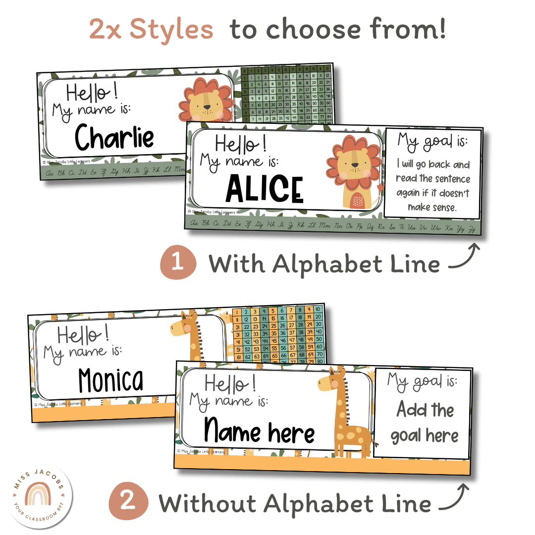 Student Desk Name Plate & Goals Mat - Cute Jungle Animals - MJLL