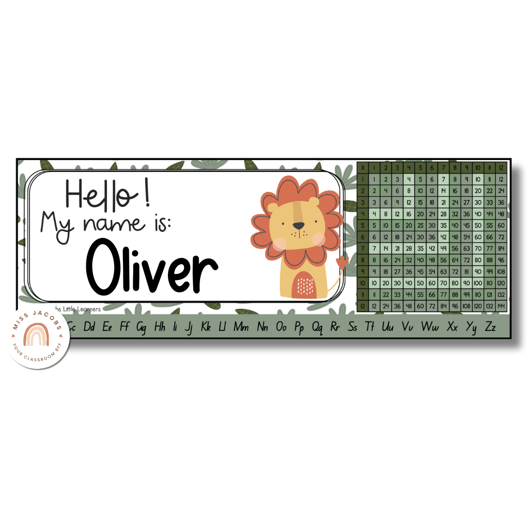 Student Desk Name Plate & Goals Mat - Cute Jungle Animals - MJLL