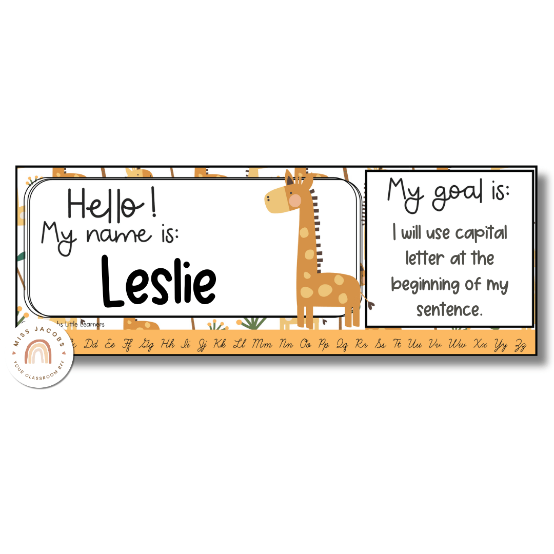 Student Desk Name Plate & Goals Mat - Cute Jungle Animals - MJLL