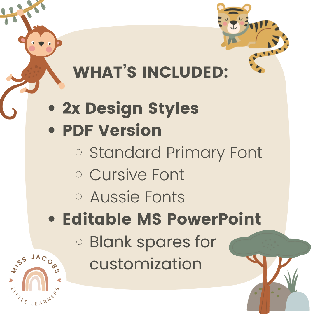 Student Desk Name Plate & Goals Mat - Cute Jungle Animals - MJLL