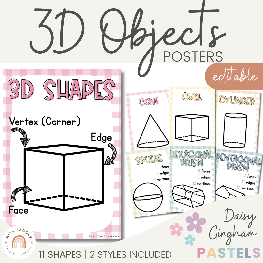 3D Shape Posters - Daisy Gingham Pastels Theme