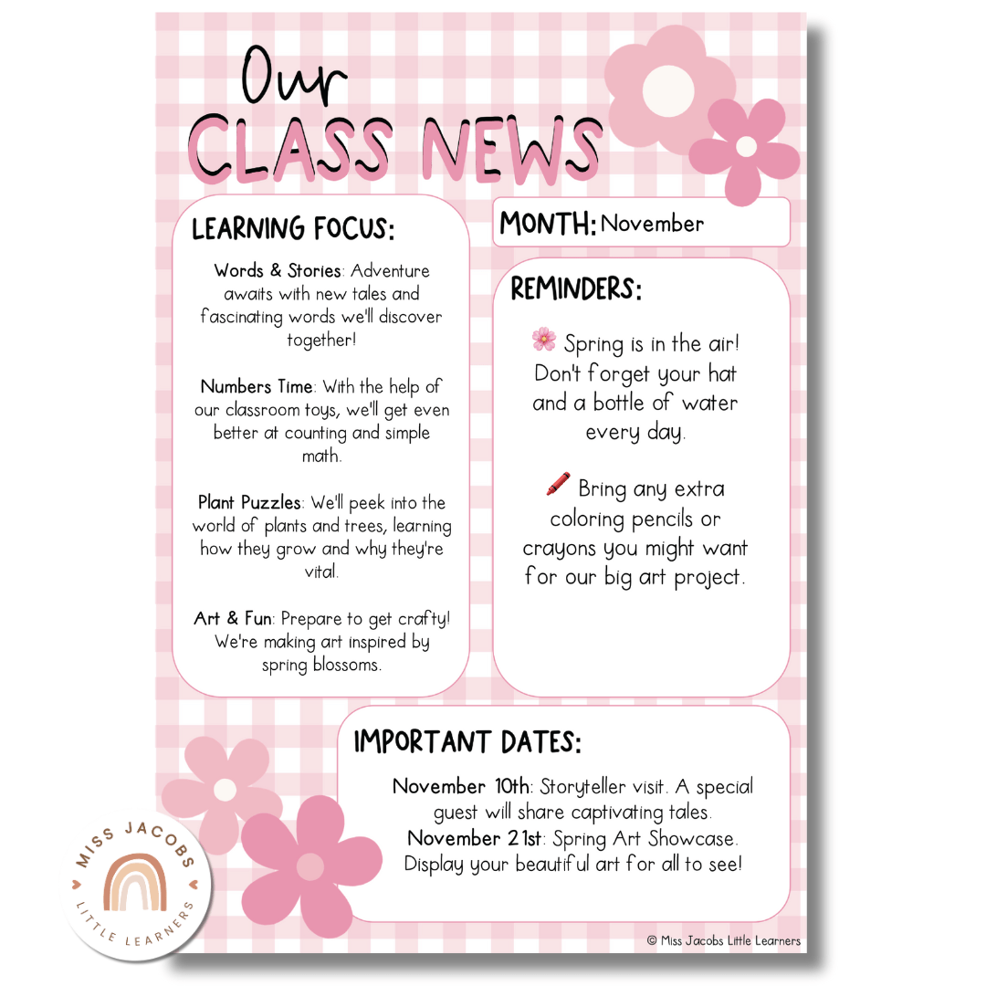 Classroom Newsletter Templates - Daisy Gingham Pastels Decor