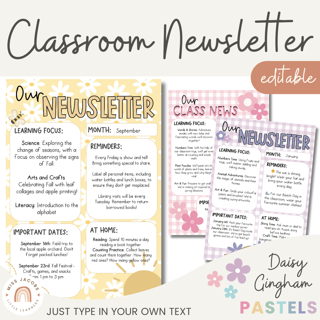 Classroom Newsletter Templates - Daisy Gingham Pastels Decor - Default ...