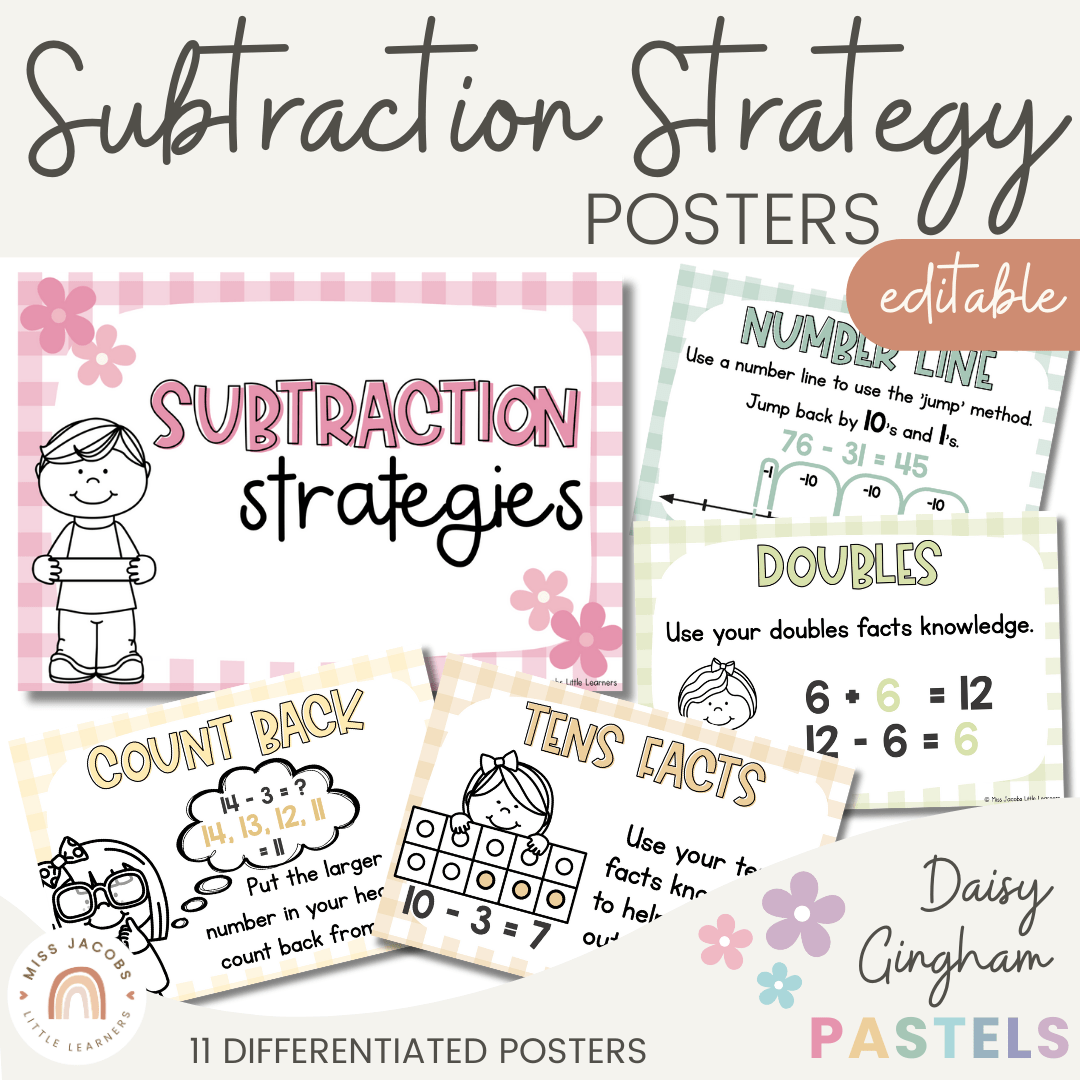 Subtraction Strategies Posters - Daisy Gingham Pastels Theme