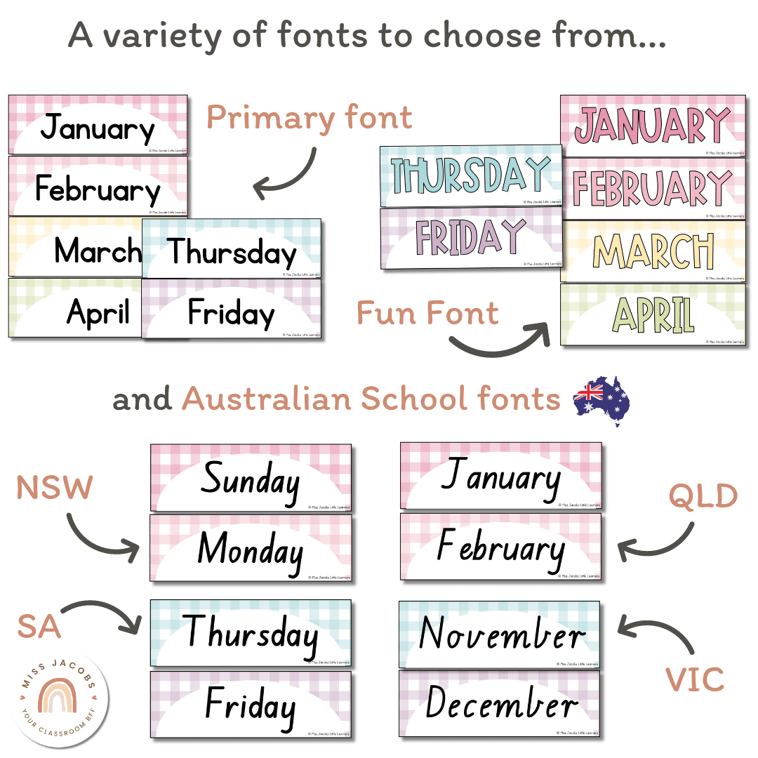 Days and Months Labels - Daisy Gingham Pastels Decor