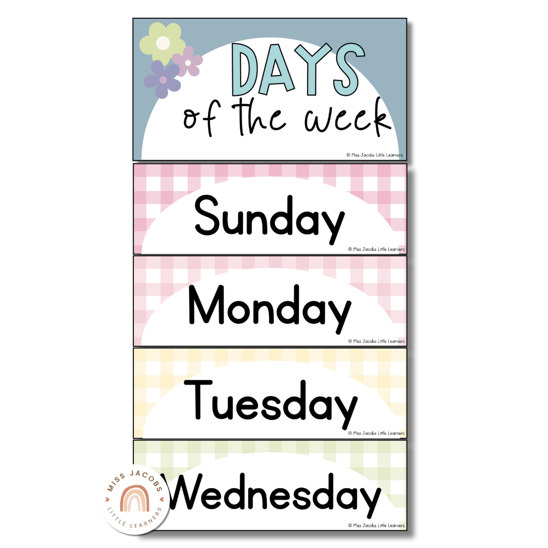 Days and Months Labels - Daisy Gingham Pastels Decor