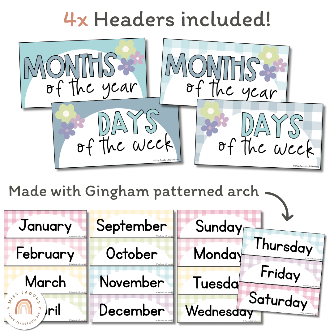 Days and Months Labels - Daisy Gingham Pastels Decor