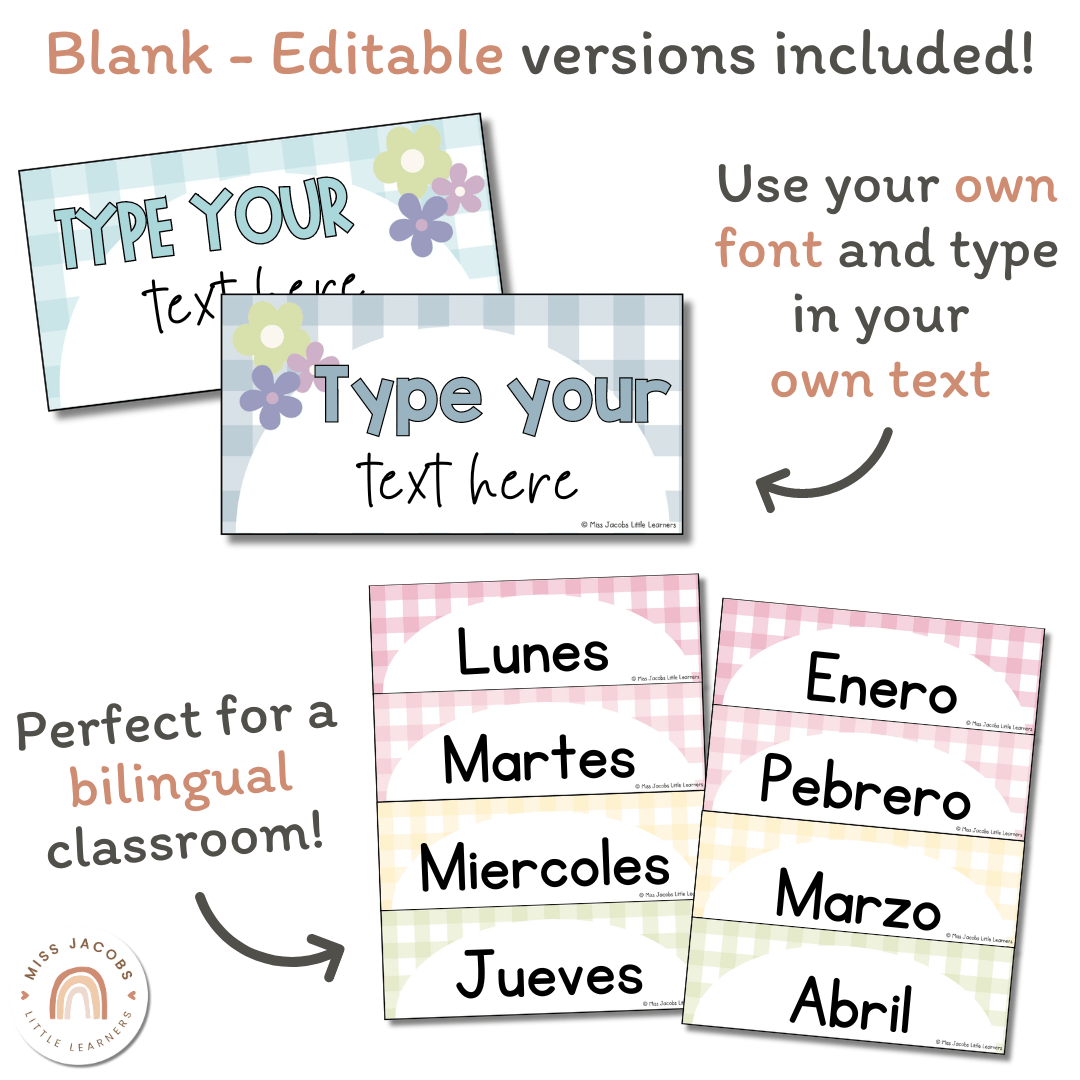 Days and Months Labels - Daisy Gingham Pastels Decor