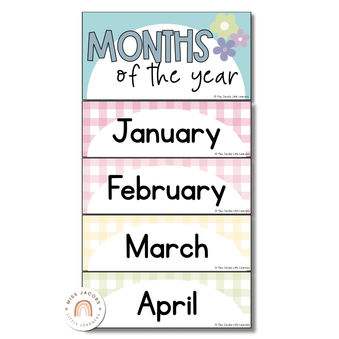 Days and Months Labels - Daisy Gingham Pastels Decor