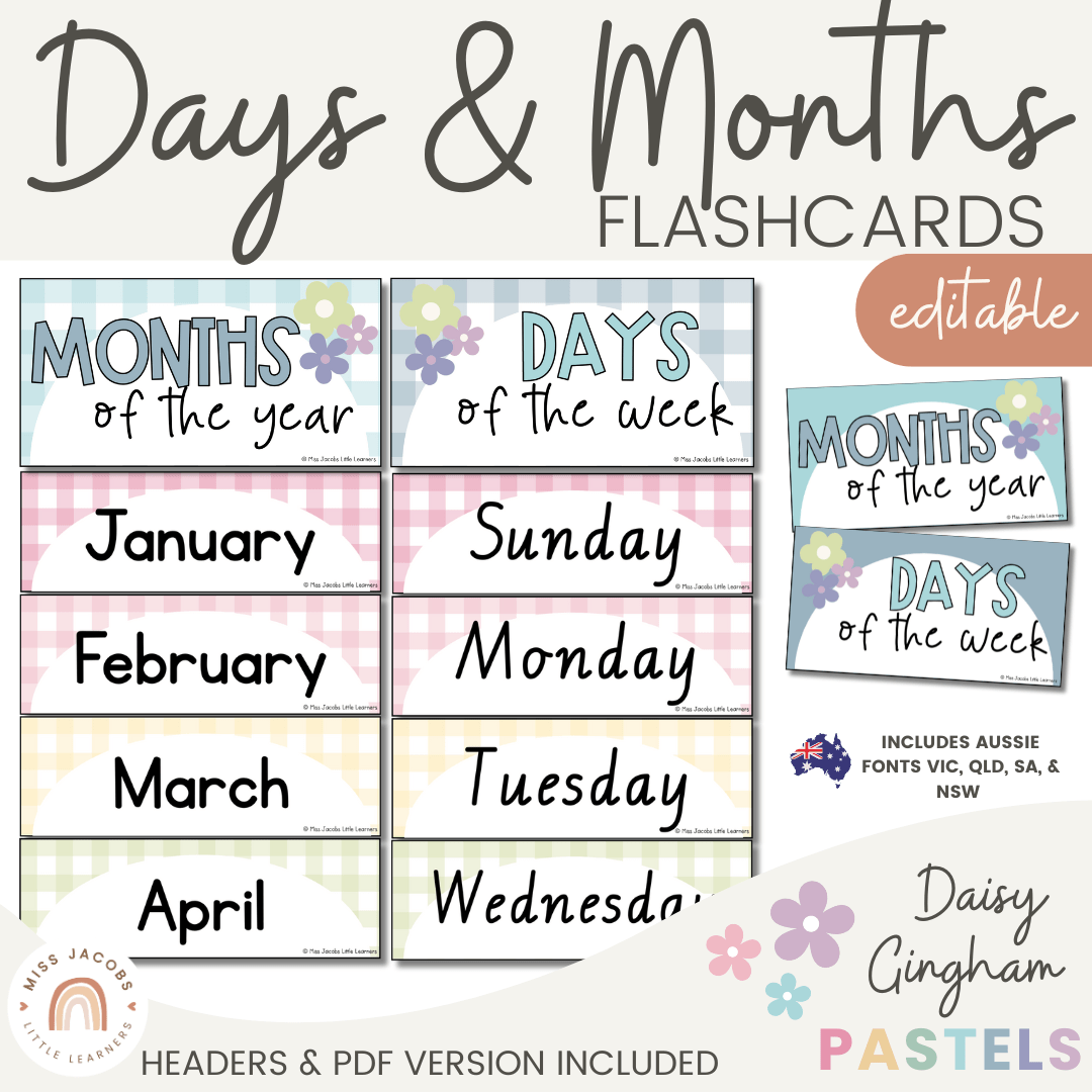 Days and Months Labels - Daisy Gingham Pastels Decor