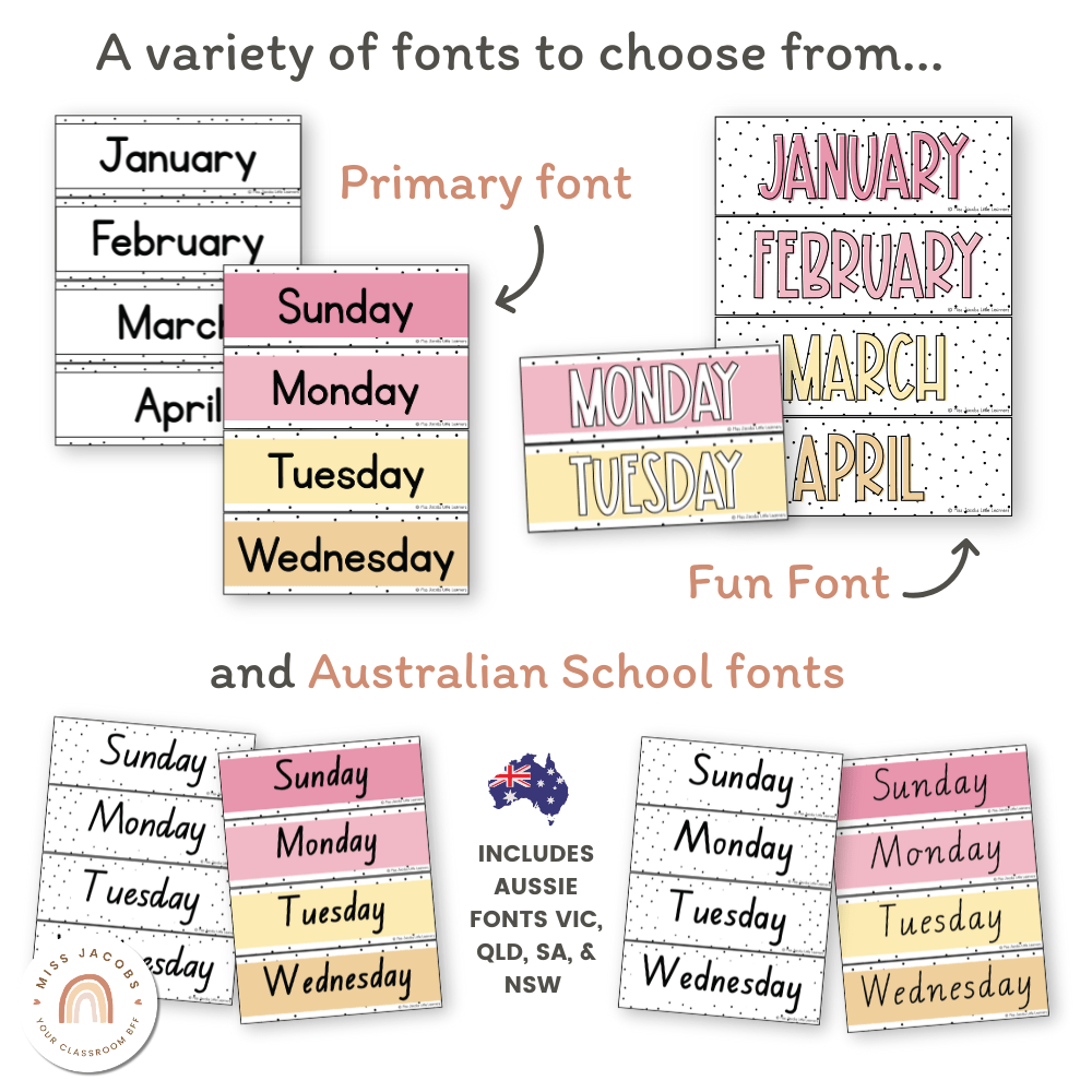 Days and Months - Spotty Pastel Classroom Theme - Miss Jacobs