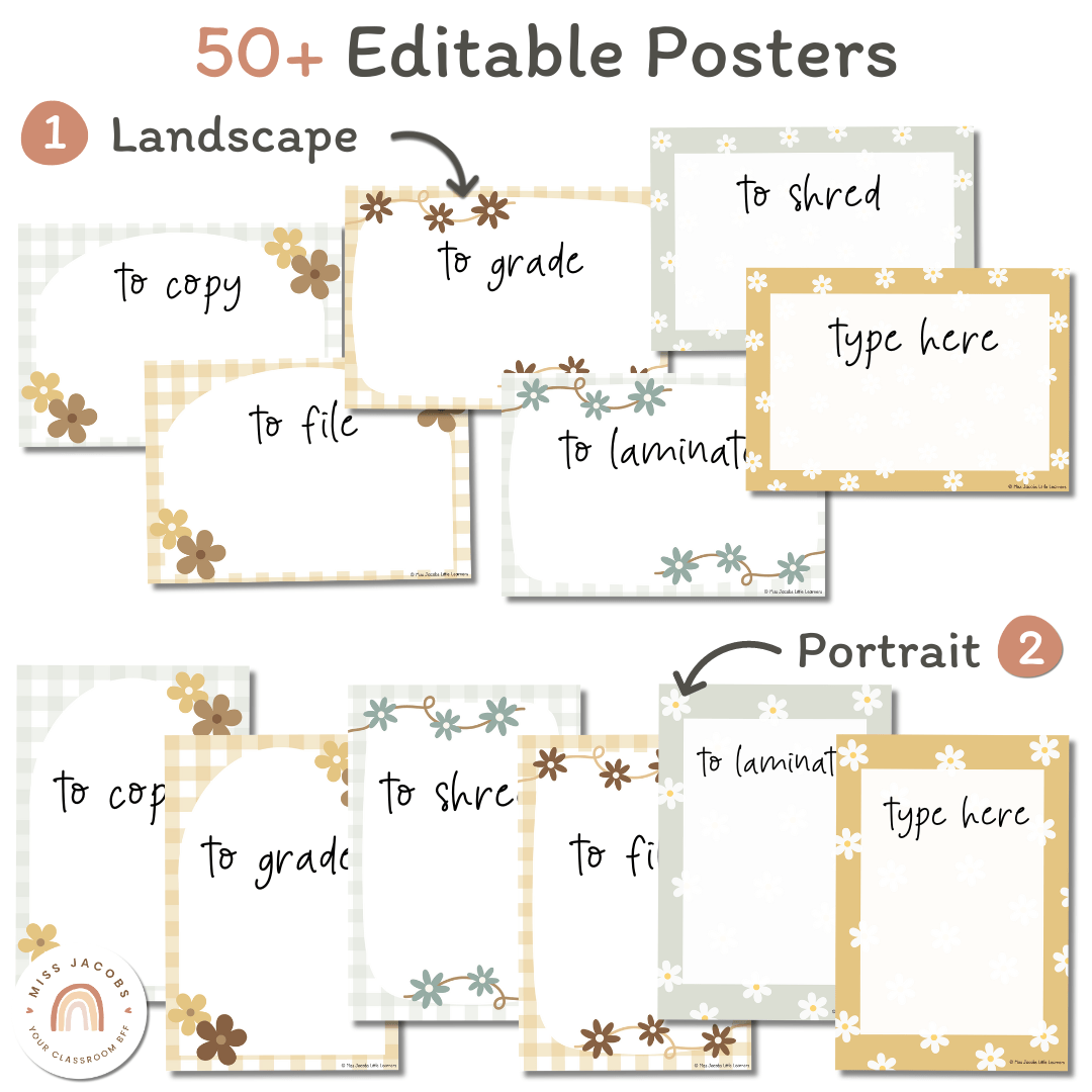 Editable Classroom Posters Templates - Daisy Gingham Neutrals Decor