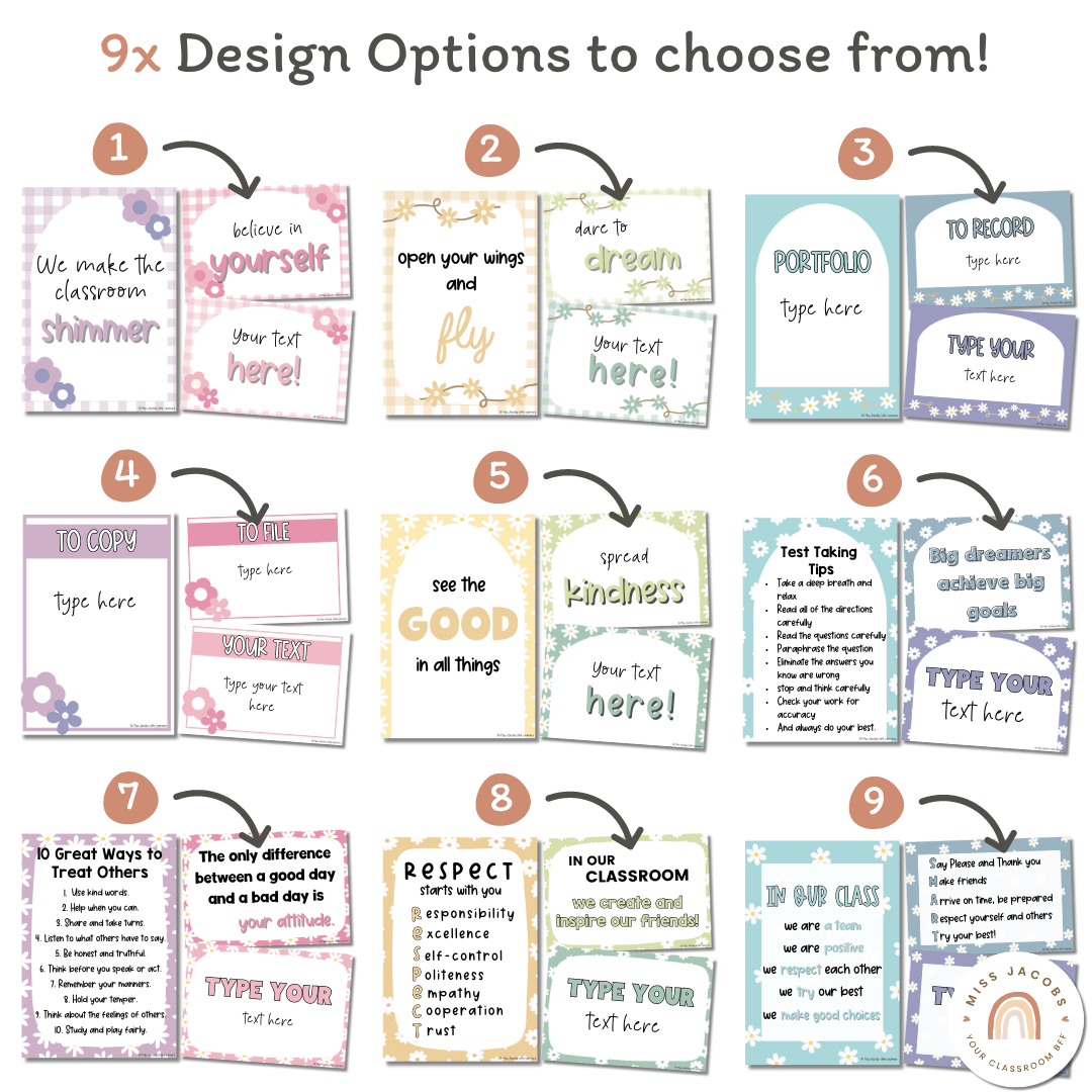 Editable Classroom Posters Templates - Daisy Gingham Pastels Decor