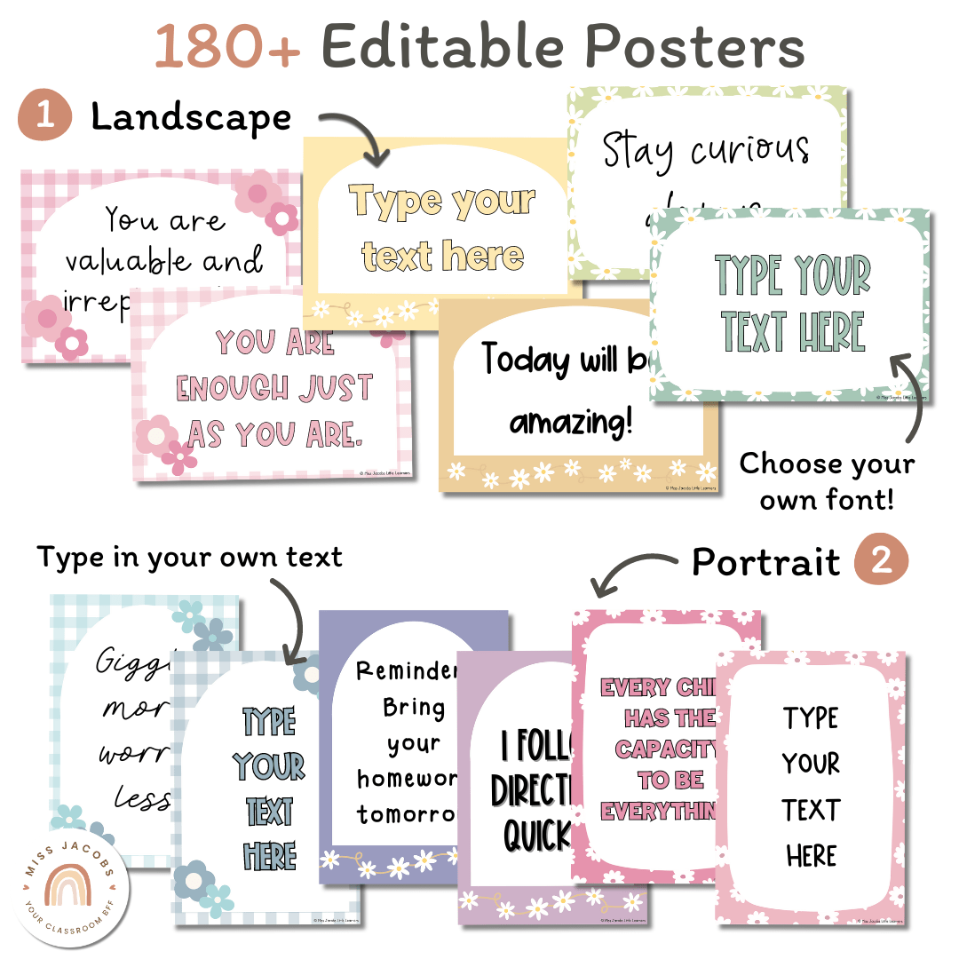 Editable Classroom Posters Templates - Daisy Gingham Pastels Decor