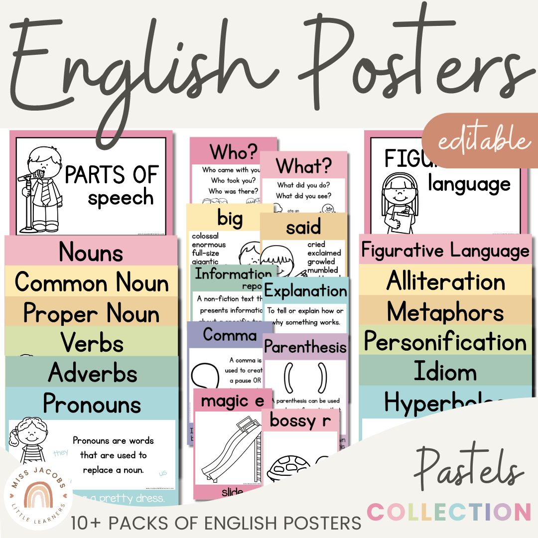 English Posters Bundle | PASTELS | Muted Rainbow Classroom Decor - Miss ...