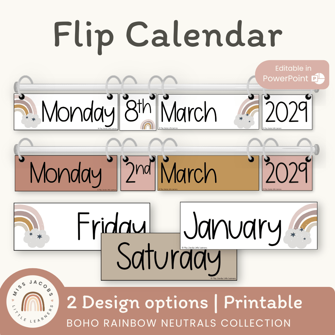 Flip Calendar - Boho Rainbow Neutrals Classroom Theme - MJLL