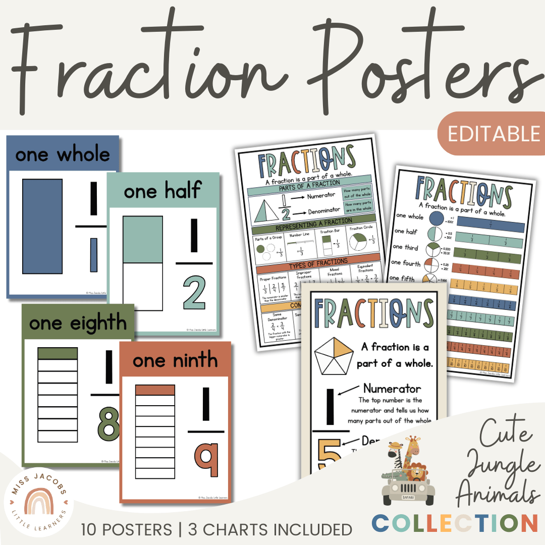 Fraction Posters | Cute Jungle Animals