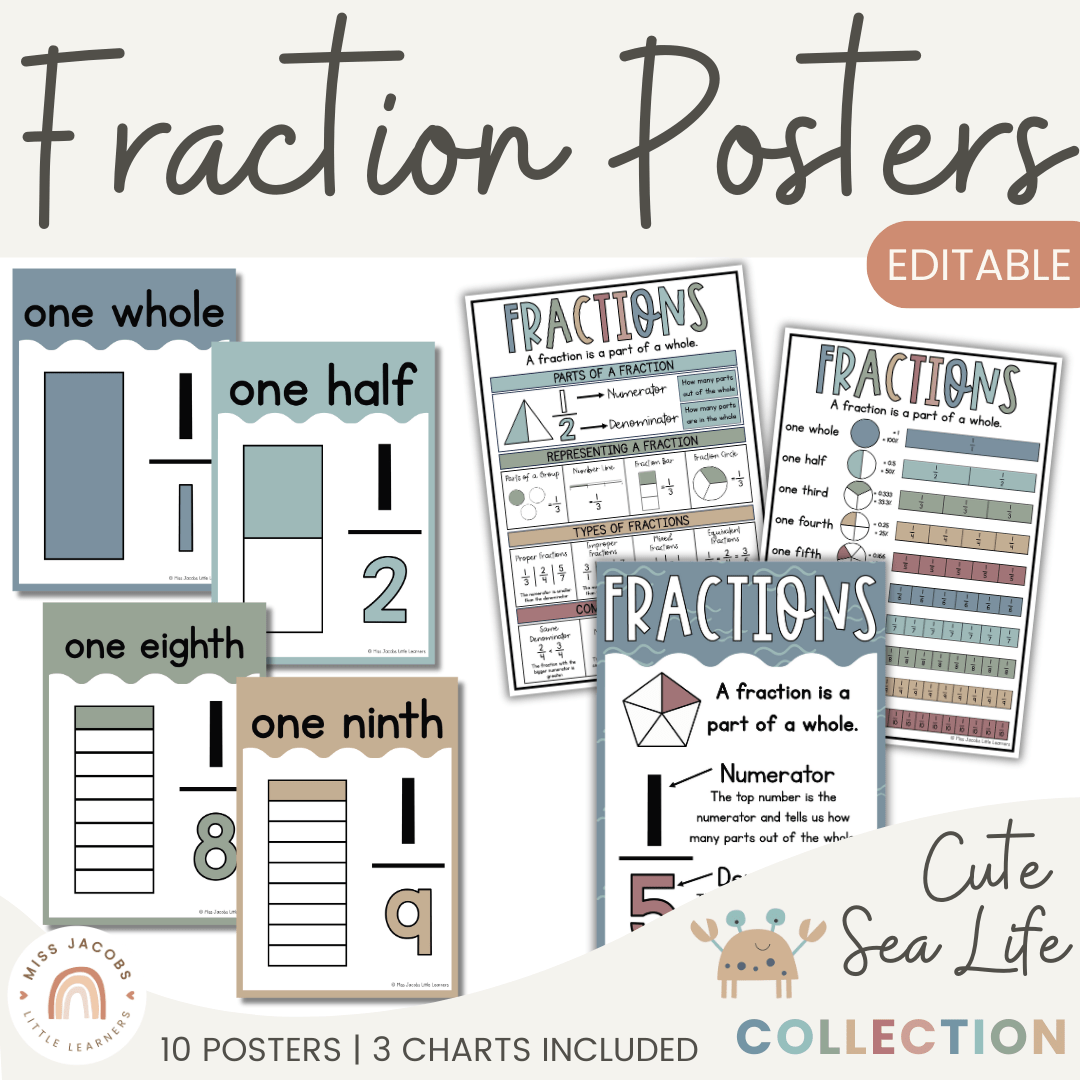 Fraction Anchor Charts - Cute Sea Life Classroom Decor