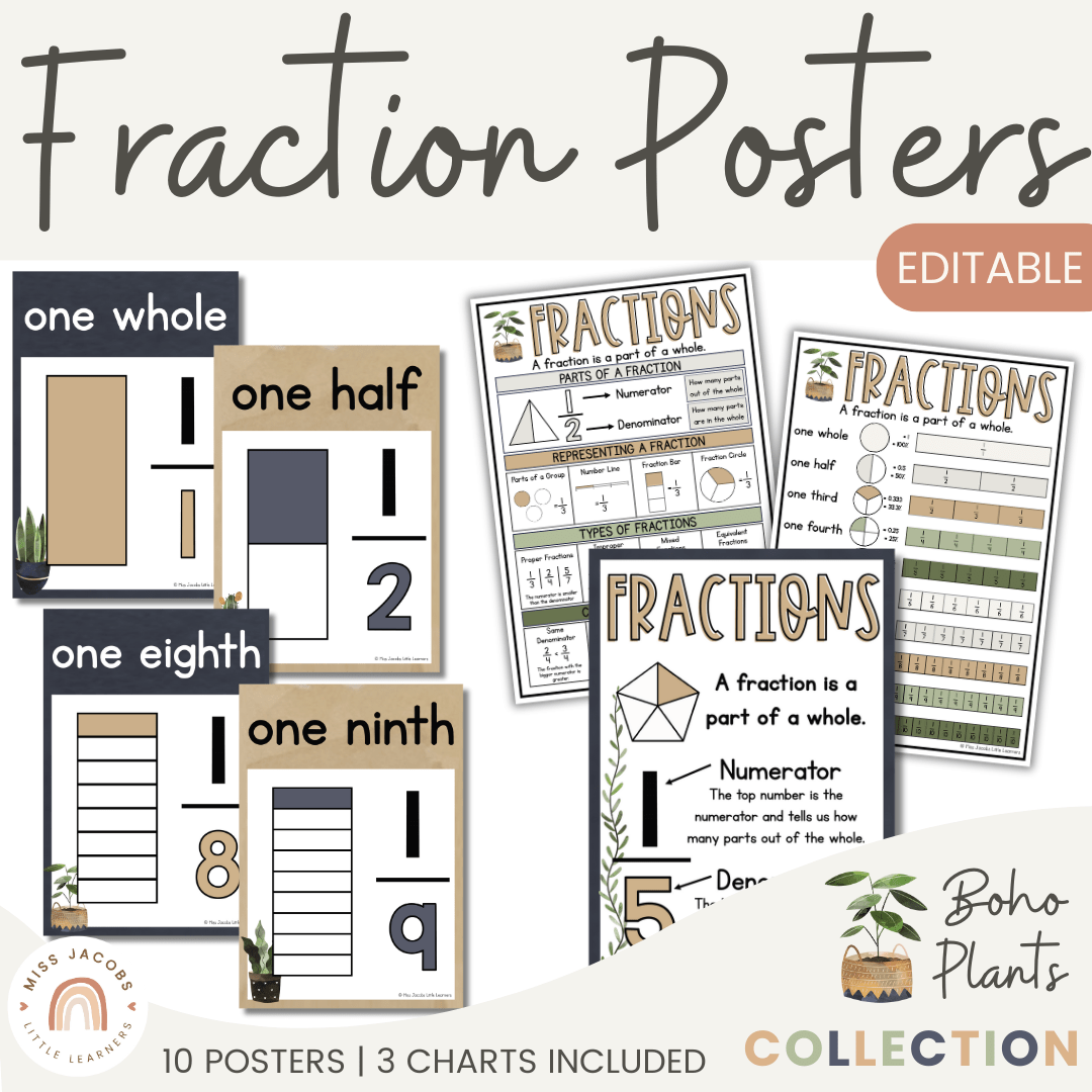 Fraction Anchor Charts - Boho Plants Classroom Decor