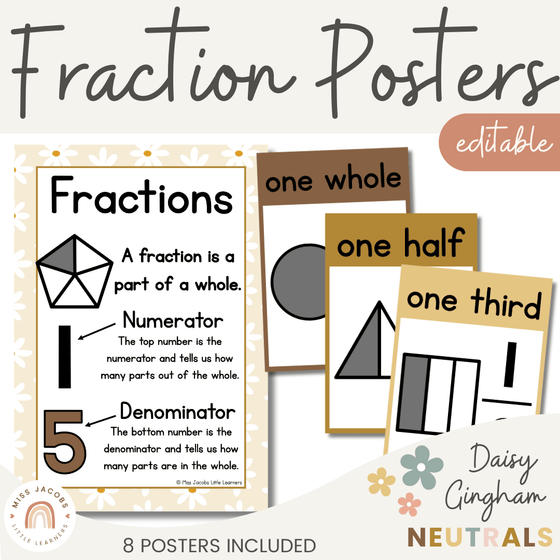 Fraction Posters | Daisy Gingham Neutrals Math Classroom Decor - Miss ...