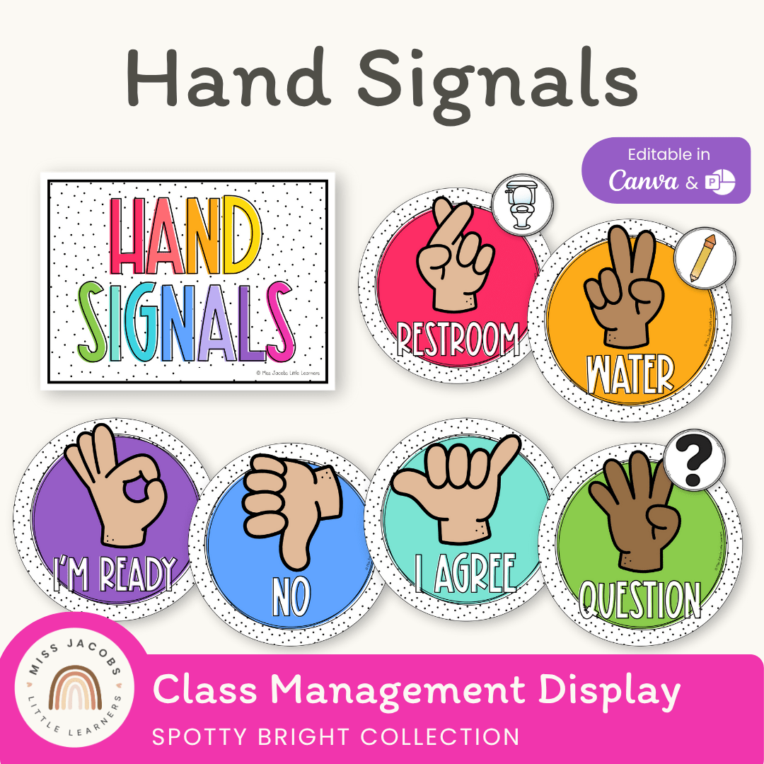 Hand Signals Posters - Spotty Bright Theme - Miss Jacobs