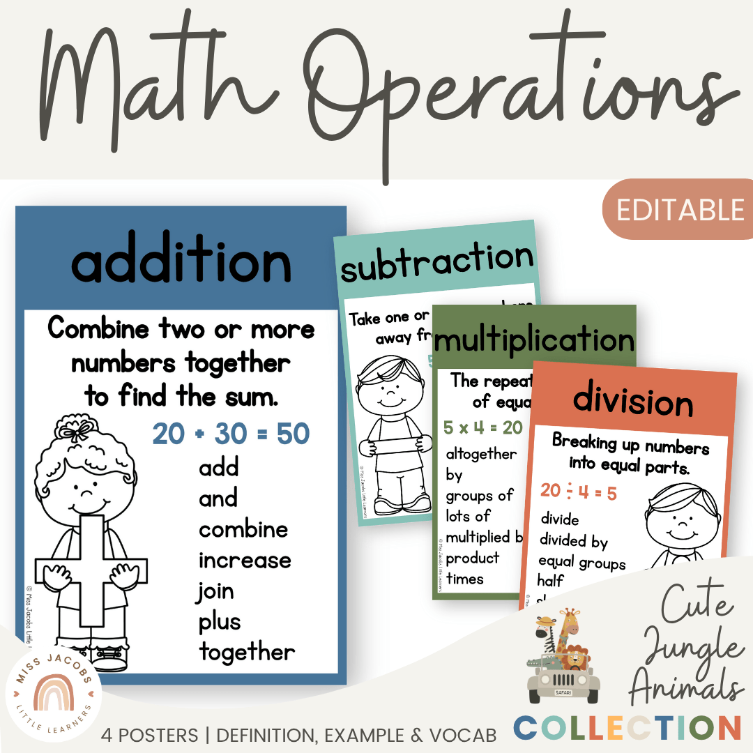 Math Operations Posters | Cute Jungle Animals